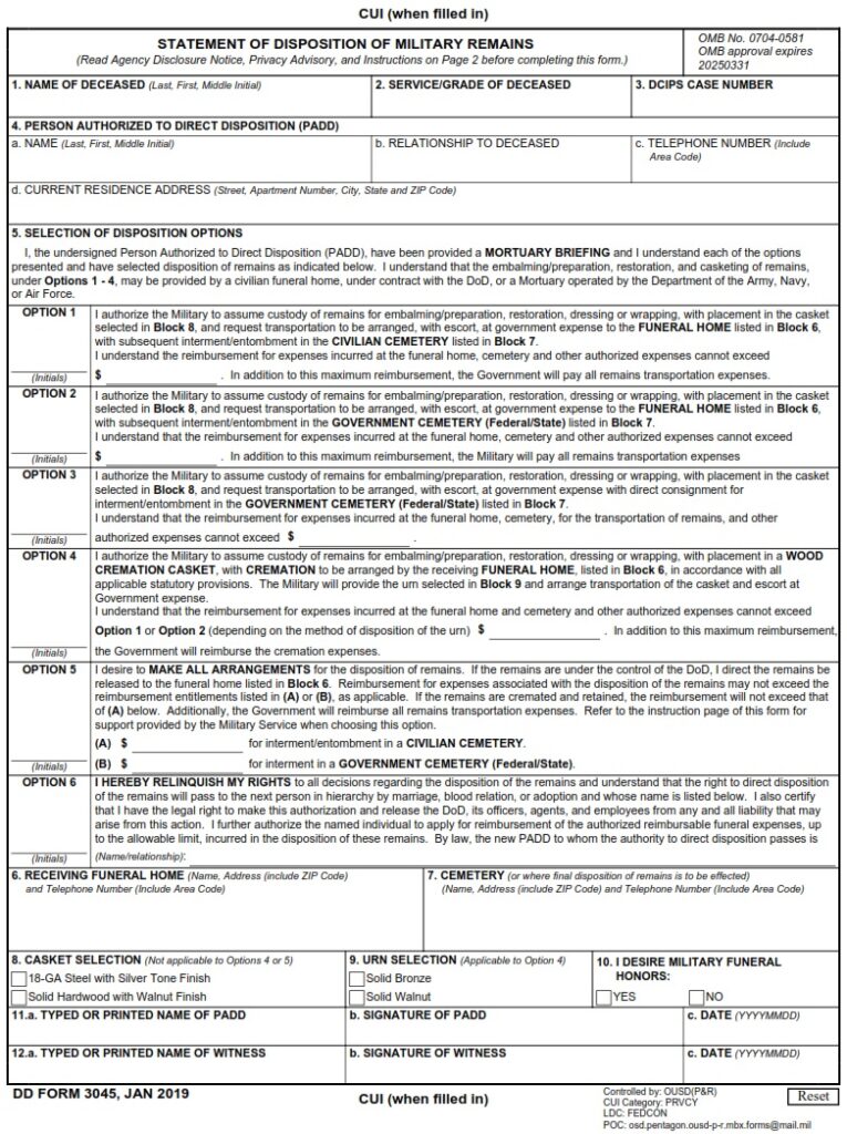 DD Form 3045 - Statement Of Disposition Of Military Remains | Free ...
