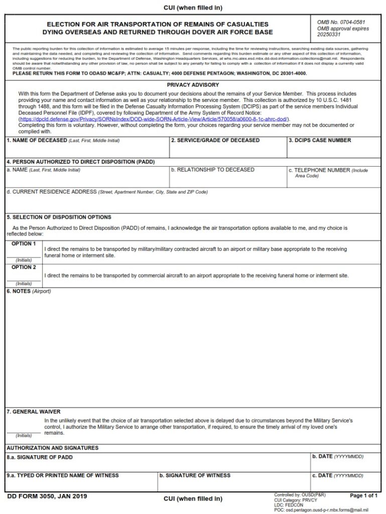DD Form 3050 - Election Air Transportation Of Remains Of Casualties Dying Overseas And Returned ...