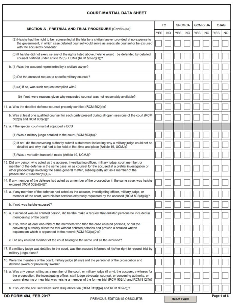 DD Form 494 - Court-Martial Data Sheet | Free Online Forms