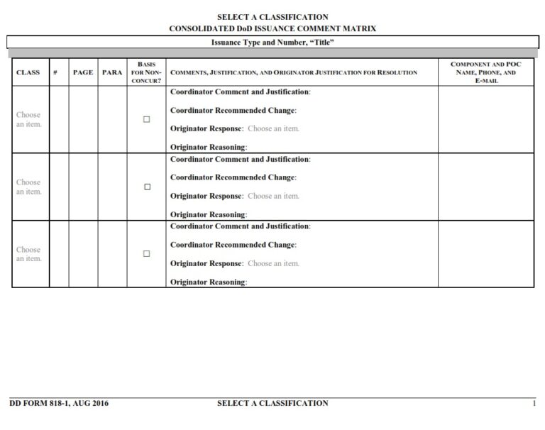 DD Form 818-1 - Consolidated DoD Issuance Comment Matrix | Free Online ...