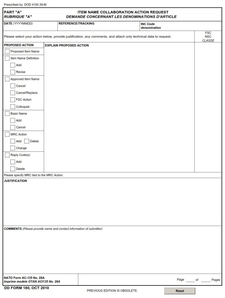 DD Form 180 - Item Name Collaboration Action Request | Free Online Forms
