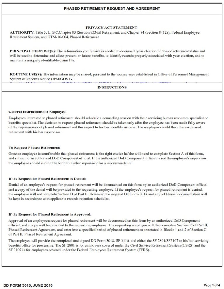 DD Form 3018 - Phased Retirement Request And Agreement | Free Online Forms