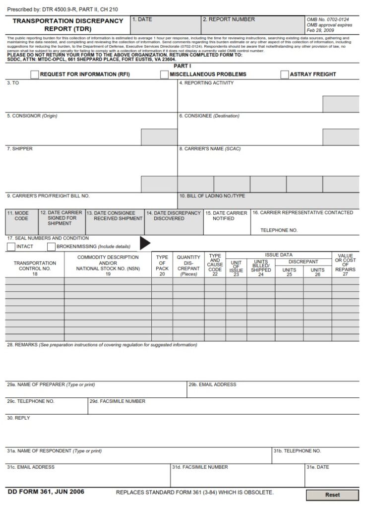 DD Form 361 - Transportation Discrepancy Report (TDR) | Free Online Forms