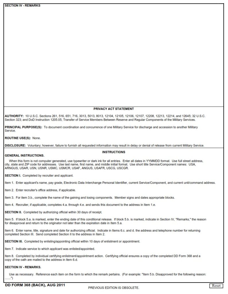 DD Form 368 - Request For Conditional Release | Free Online Forms