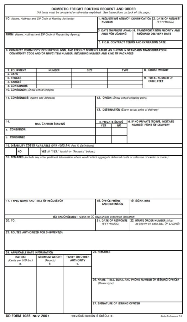 DD Form 1085 - Domestic Freight Routing Request And Order | Free Online ...