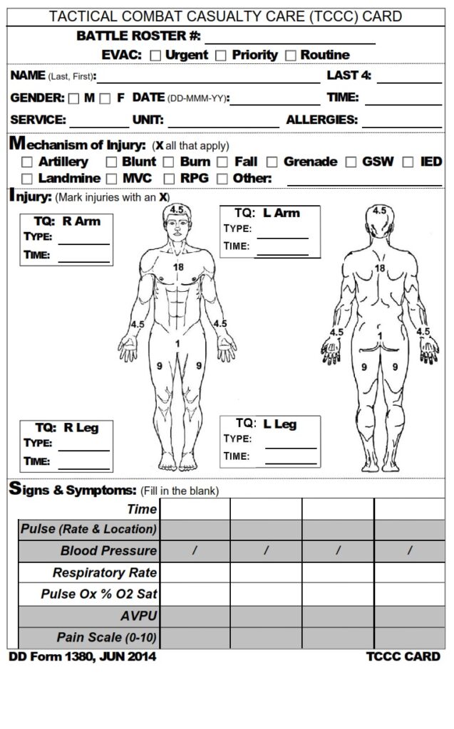 DD Form 1380 - Tactical Combat Casualty Care (TCCC) Card (Instructions ...