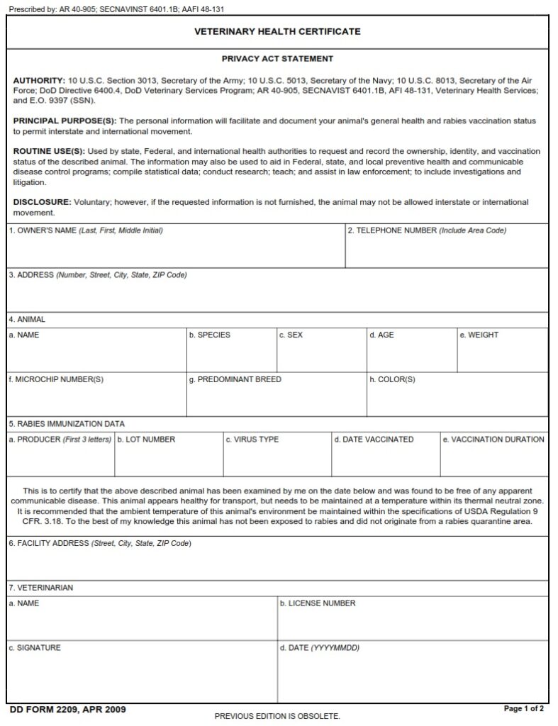 DD Form 2209 - Veterinary Health Certificate | Free Online Forms