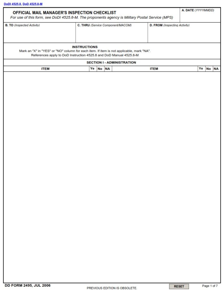 DD Form 2495 - Official Mail Manager's Inspection Checklist | Free ...