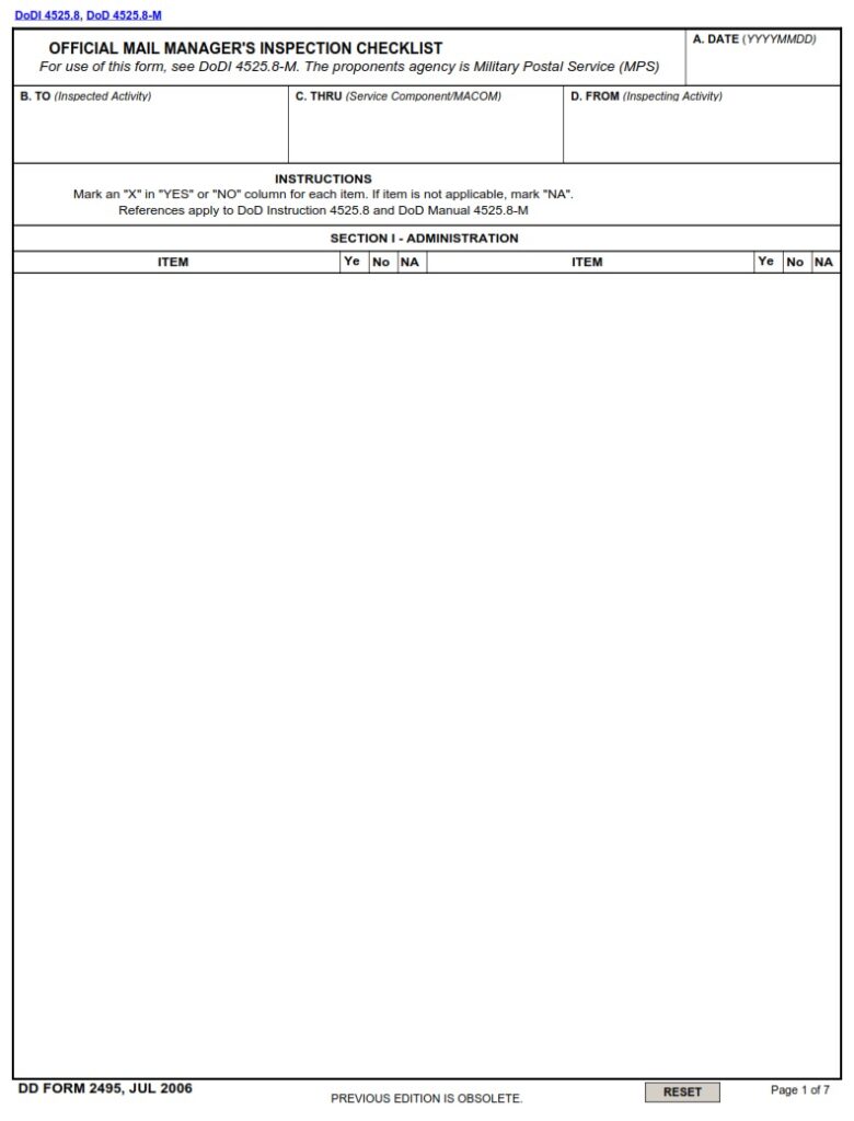 DD Form 2495 - Official Mail Manager's Inspection Checklist | Free ...