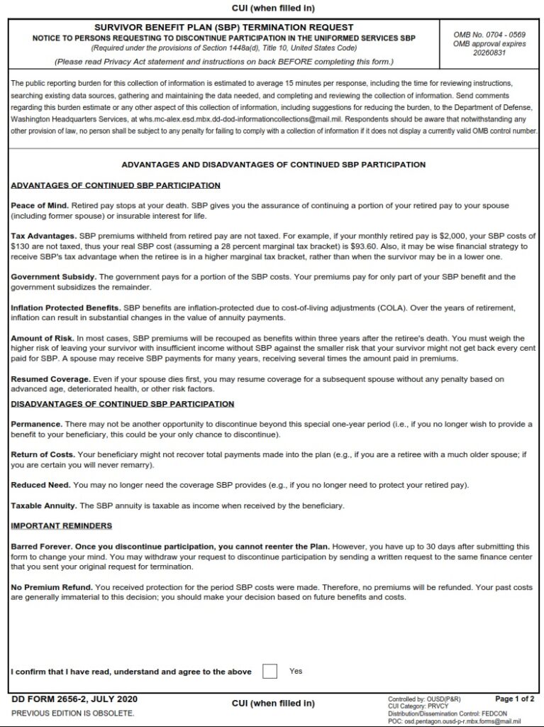 DD Form 2656-2 - Survivor Benefit Plan (SBP) Termination Request | Free ...