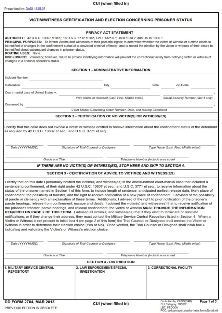 DD Form 2704 - Victim/Witness Certification And Election Concerning ...