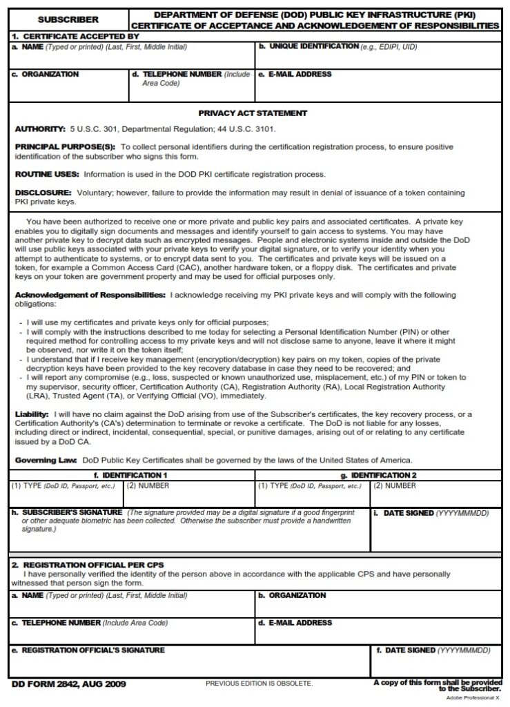 DD Form 2842 - DoD Public Key Infrastructure (PKI) Subscriber ...
