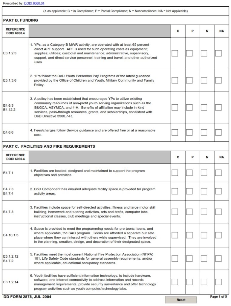 DD Form 2878 - Department Of Defense Youth Program Inspection Checklist ...