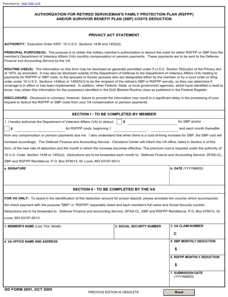 DD Form 2891 - Authorization For Retired Serviceman's Family Protection ...