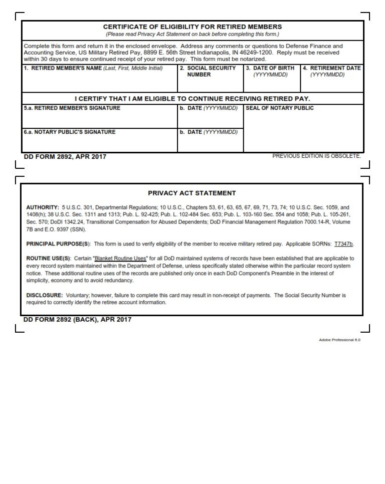 DD Form 2892 - Certificate Of Eligibility For Retired Members | Free ...