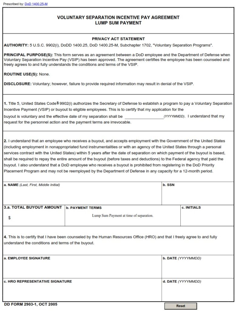 DD Form 2903-1 - Voluntary Separation Incentive Pay Agreement Lump Sum ...