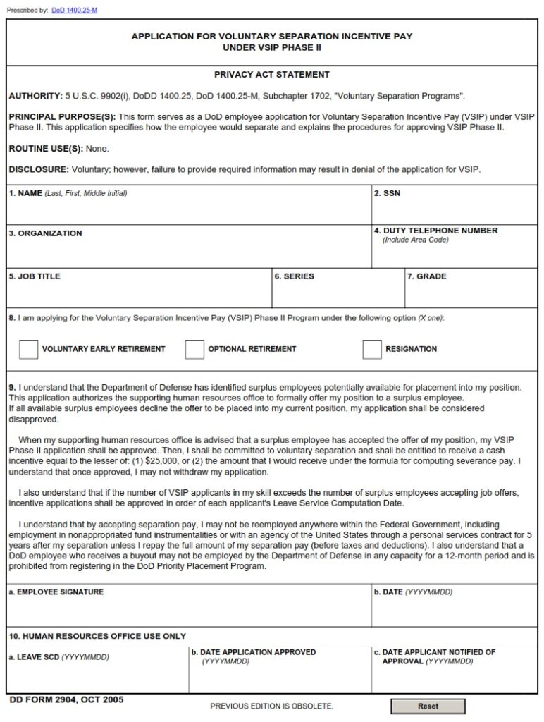 DD Form 2904 - Application For Voluntary Separation Incentive Pay Under ...