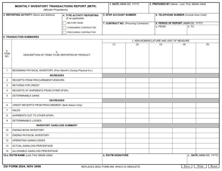 DD Form 2924 - Monthly Inventory Transactions Report (Missile ...