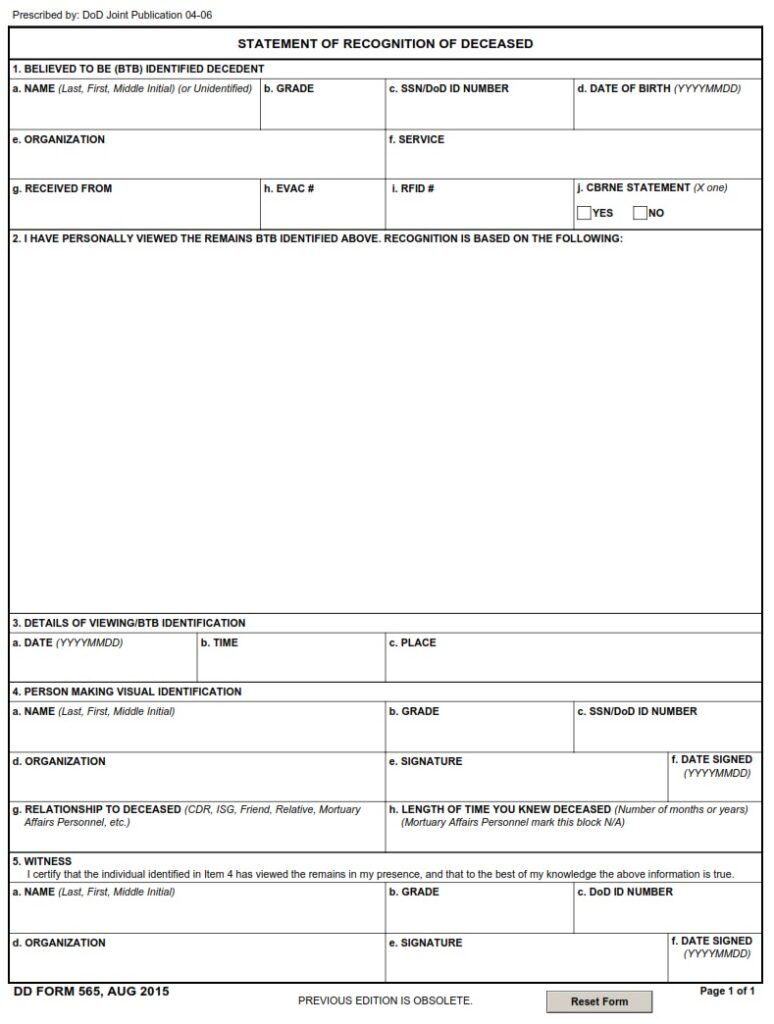DD Form 565 - Statement Of Recognition Of Deceased | Free Online Forms